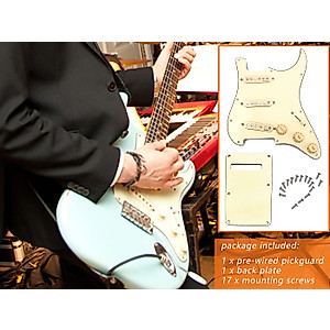 LAMSAM Prewired 6 String Electric Guitar Pickguard Loaded Modern Tone Single Coil Pickups, Pick Guards Wired Alnico 5 SSS Pickup Set Volume Tone Pots 5-way Switch, Backplate Included, Cream