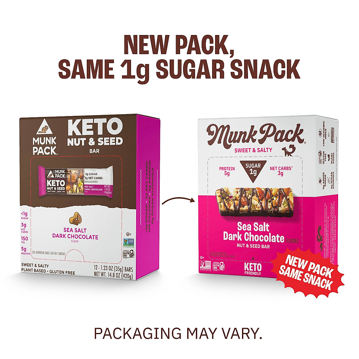 Munk Pack Nut & Seed Bar Sea Salt Dark Coco - 1g Sugar, Low Carb & Keto, 5g Protein - Gluten Free, Plant Based, Zero Added Sugar - Sweet & Salty Breakfast & Snack Bars, 12 Bars