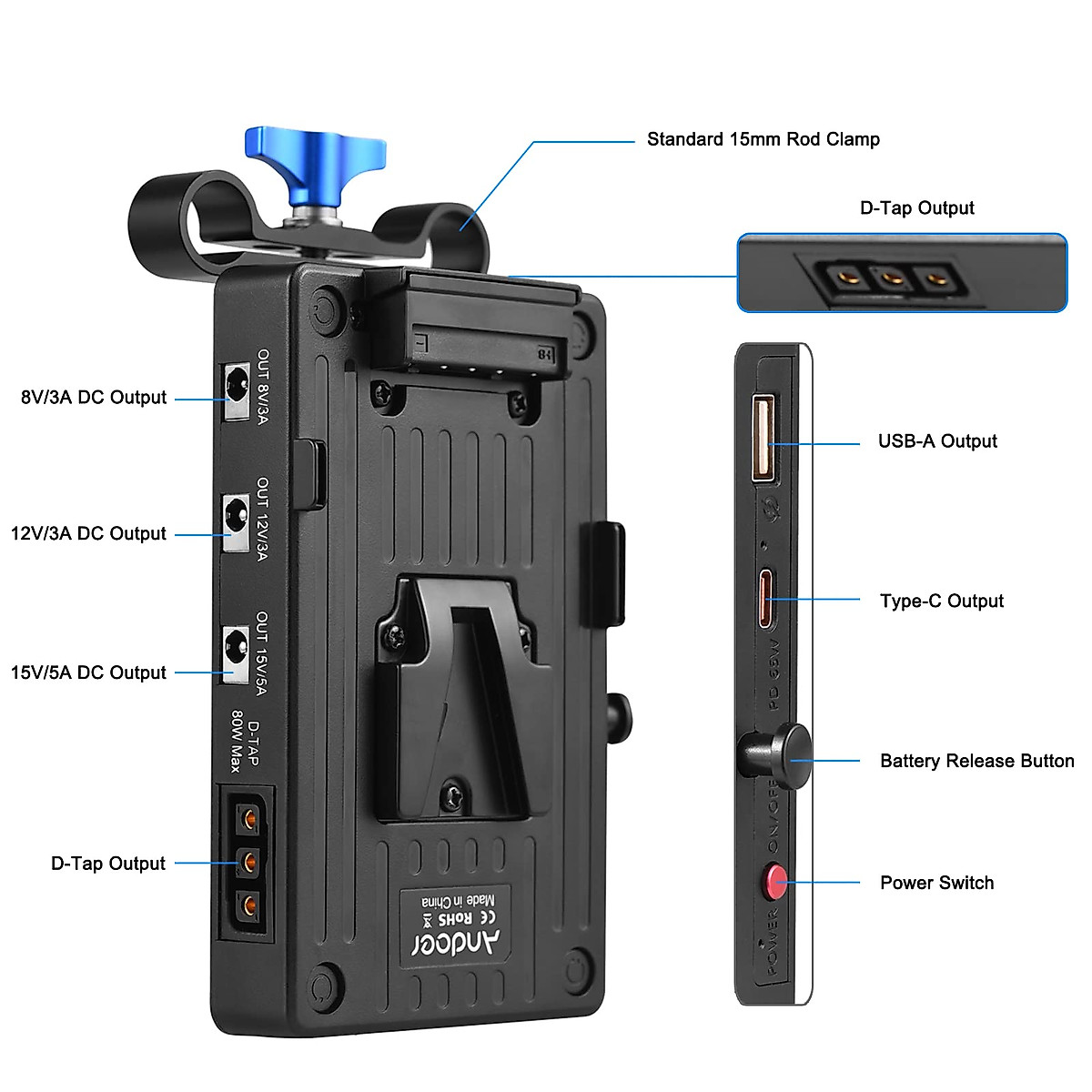 dsfen V Mount Battery Plate V Lock Battery Adapter Plate 65W PD Fast Charging with 15mm Rod Clamp Adjustable Arm 8V/12V/15V DC Outputs Output Accessories Replacement for Sony DSLR Camera