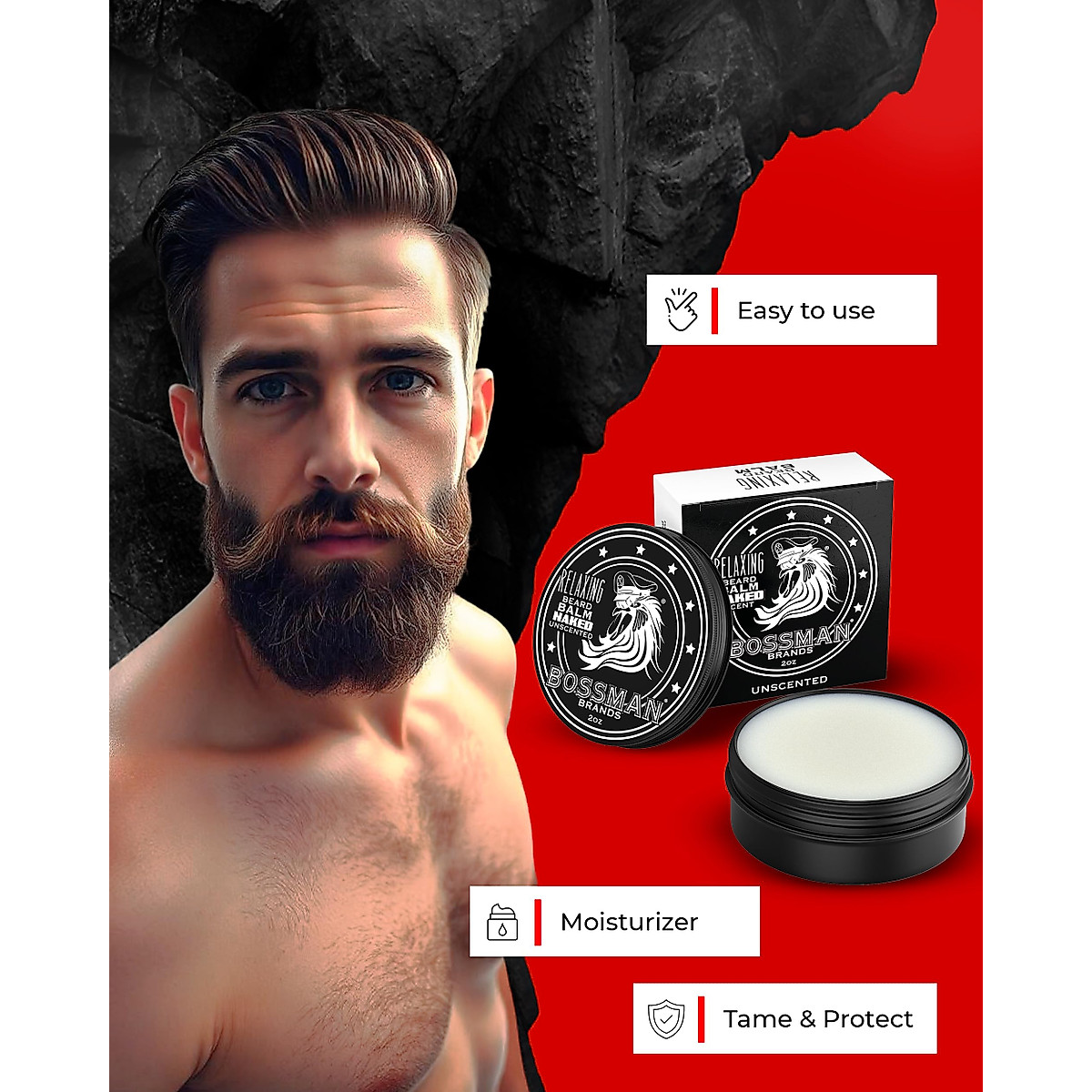 Bossman Relaxing Beard Balm - Beard Tamer, Relaxer, Thickener and Softener Cream - Beard Care Product - Made in USA (Naked Scent)