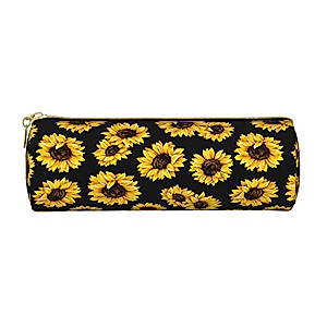 Sunflower Cylinder Pencil Case Holder Zipper Pen Bag Pouch Stationery Cosmetic Bag