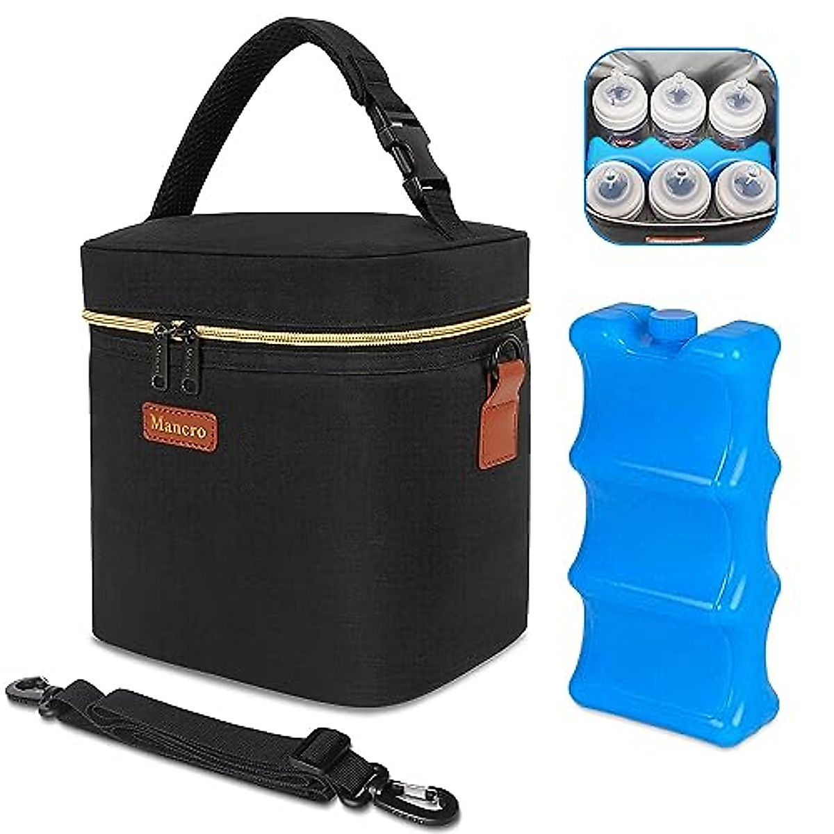 Breastmilk Cooler Bag with Ice Pack, Fits 6 Baby Bottles Up to 9 Ounce Insulated Baby Bottle Bag, Mancro Breast Milk Cooler on The go with Strap, Baby Bottle Cooler Bag for Nursing Mom Daycare, Black