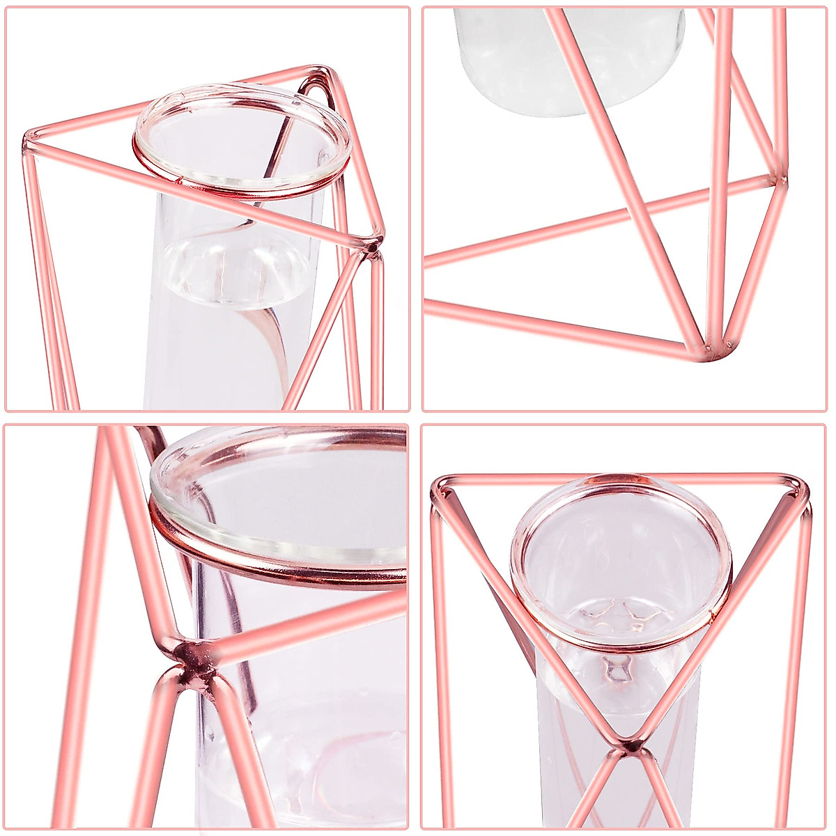 Test Tube Vases for Flowers, Glass vase with Metal Stand, Hydroponics Clear Planter Metal Glass Vase Hinged Art Vase Plant Holder Flower Vase for Modern Home Office Garden Wedding Decor(Rose Gold)