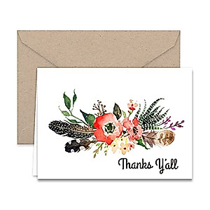 Paper Frenzy Western Thanks Y'all Thank You Note Cards and Kraft Envelopes - 25 pack