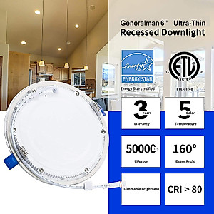 6 Pack 6 Inch 5CCT Ultra-Thin LED Recessed Lighting with Junction Box,2700K/3000k/3500K/4000K/5000K 5 Color Temperatures Selectable,12 W Canless Dimmable Slim Downlight