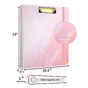 SUNEE 3 Ring Binder 1 Inch, Cute Binder with Clipboard, 2 Pockets, 5 Tab Dividers & Label Stickers, Decorative Pink Marble Heavy Duty Three Ring Binder (Fit 8.5x11 Inches) for Office Binder Supplies
