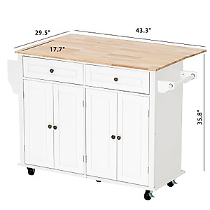 Kitchen Island Cart with Drop Leaf, Rolling Mobile Kitchen Island Table on Wheels with Storage Cabinet, Drawer, Spice/Towel Rack, White
