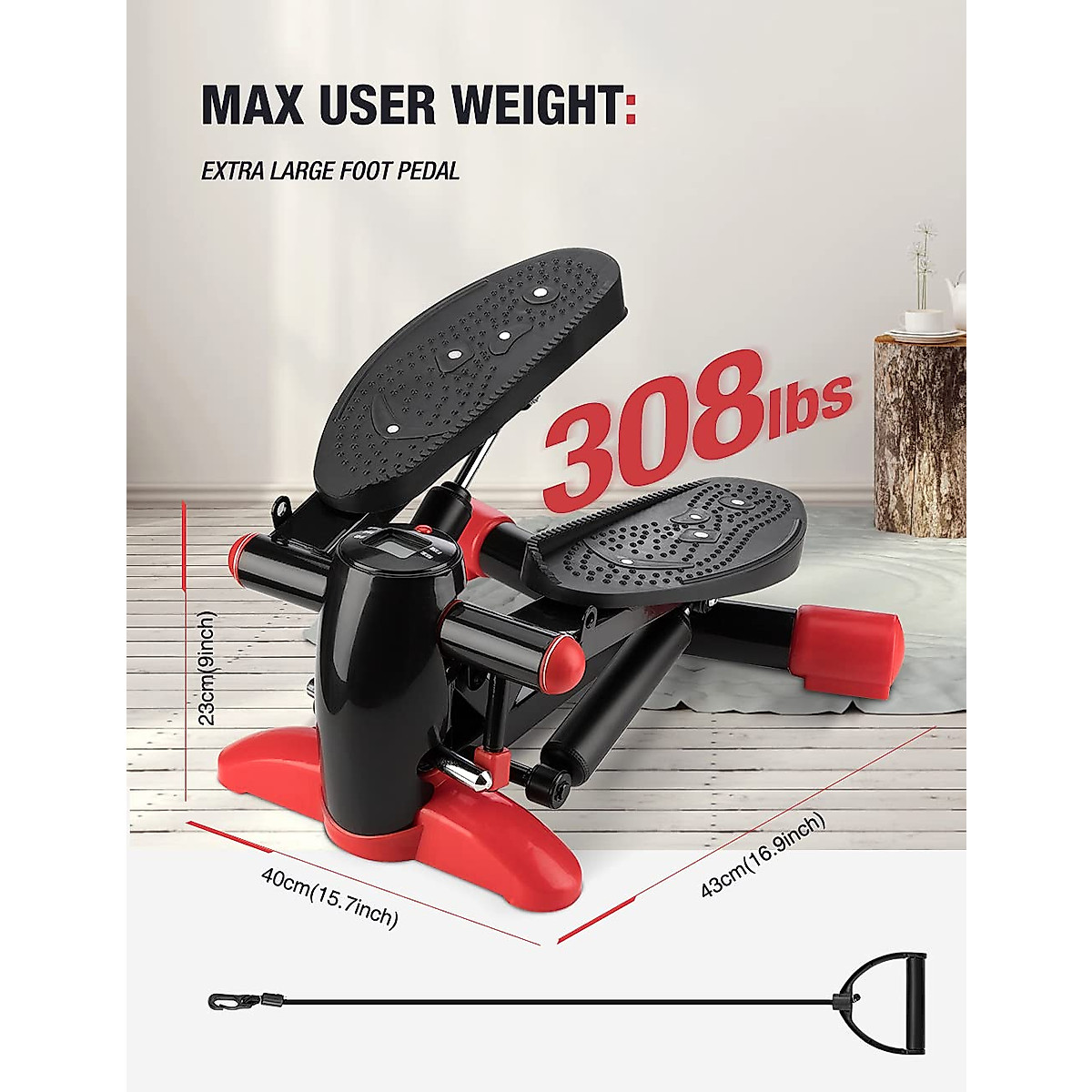 Stair Steppers for Exercise, Mini Stepper with Resistance Bands Portable Stair Climber Fitness Step Machine with LCD Monitor for Home Gym Office Workout Exercise Equipment, Red