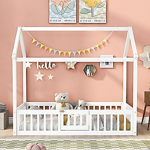 Twin Bed Frames with Fence and Door Roof, Pine House Shaped Montessori Floor Mattress Foundation for Kids Girls Boys