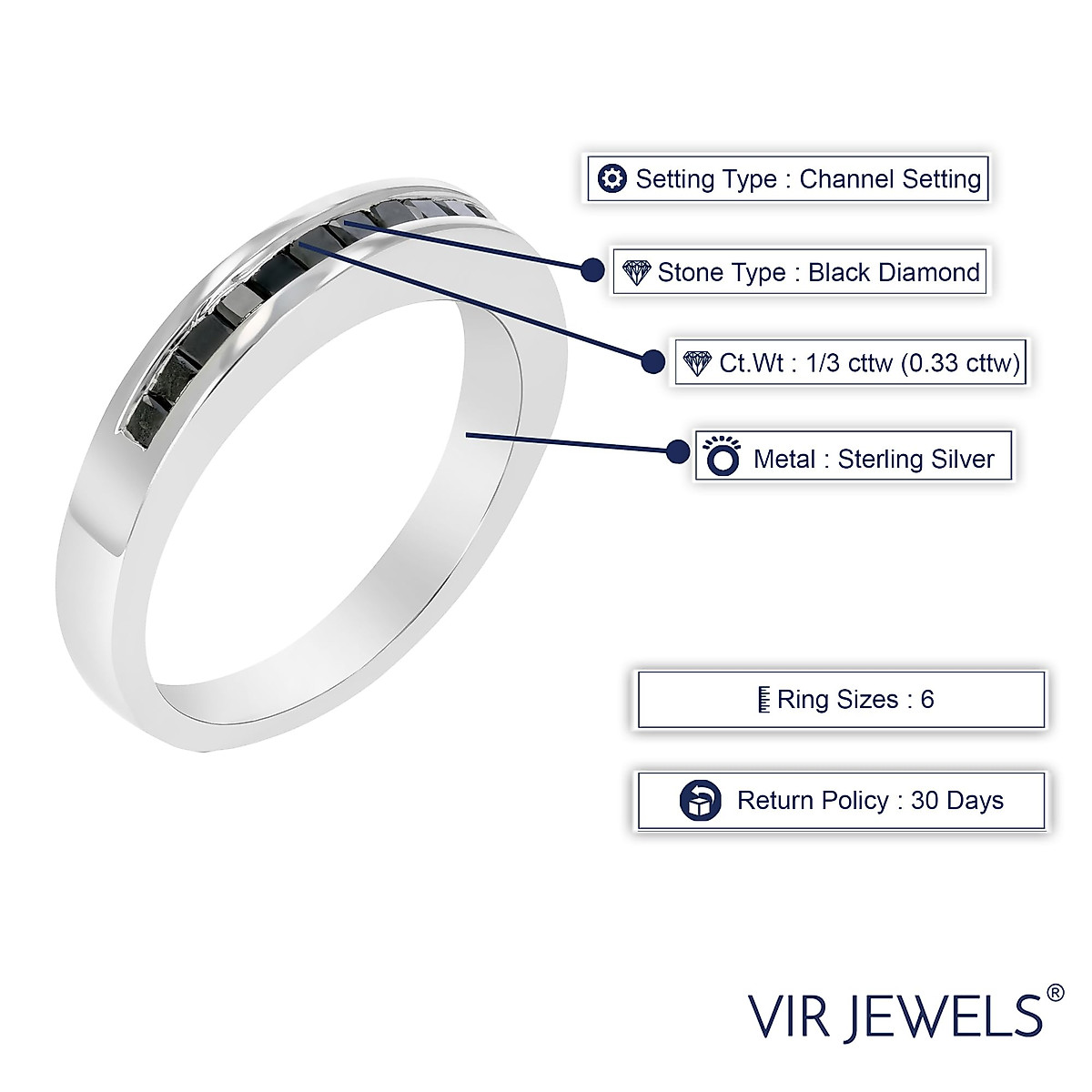 Vir Jewels 1/3 cttw Princess Cut Black Diamond Wedding Band .925 Sterling Silver Channel Size 7