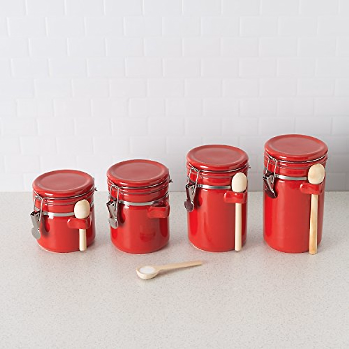 Canister Sets For The Kitchen (4 Piece Set) Red, High Gloss Ceramic | By Home Basics | Decorative Kitchen Set | With Wooden Spoons, Countertop Set For Flour, Sugar, Coffee, and Snacks