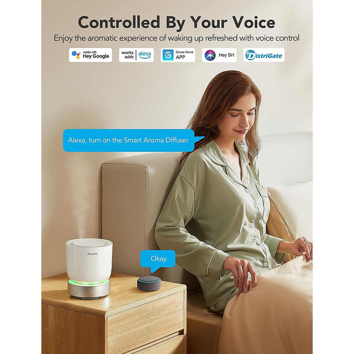 GoveeLife Smart Essential Oil Diffuser with Alexa Voice App Control for Home Office Bedroom, 300ml Quiet Cool Mist Aroma Diffuser with 2 Mist Modes, White Noise, Waterless Auto Off/Alarm