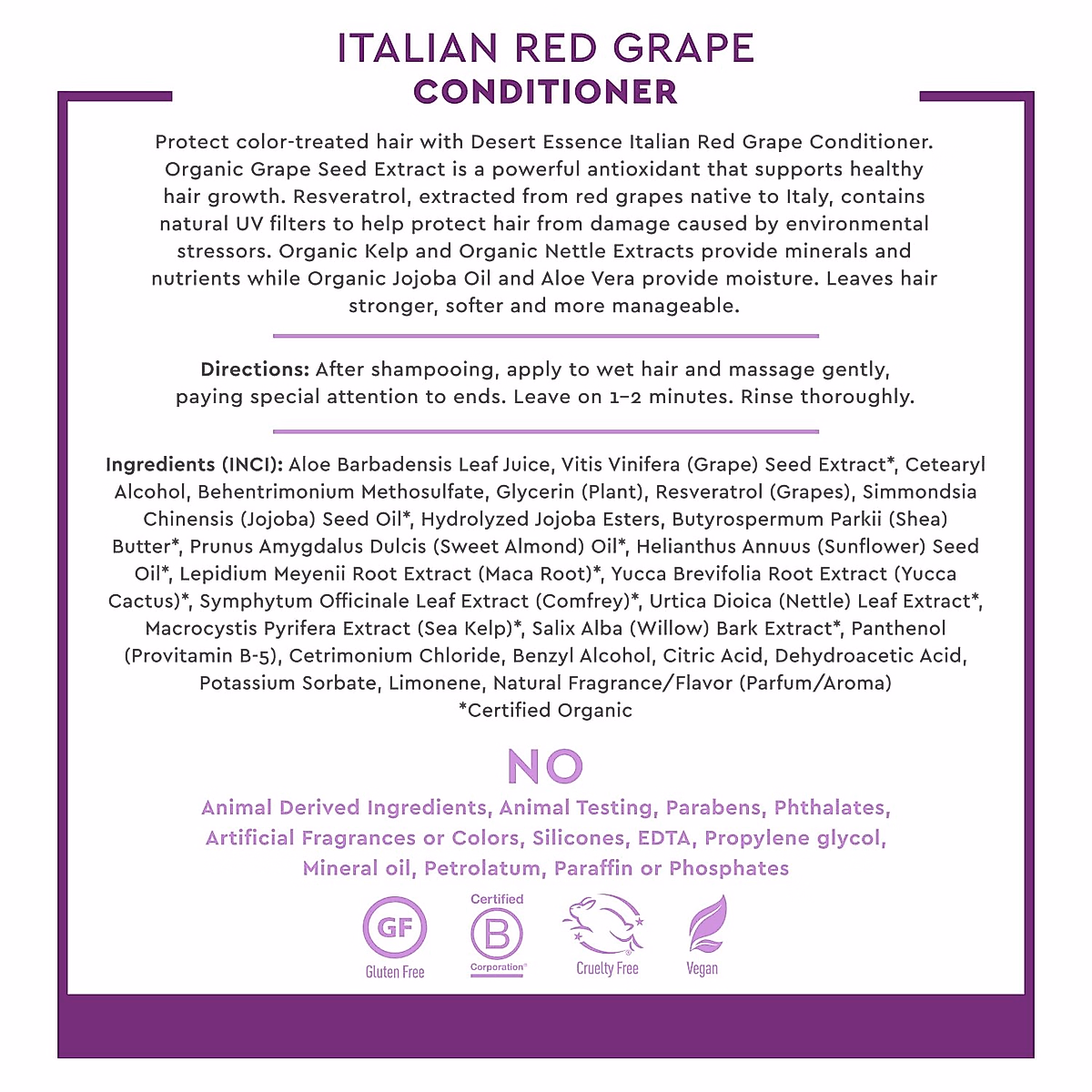 Desert Essence Italian Red Grape Conditioner Antioxidant-Rich Resveratrol, Organic Sea Kelp & Nettle Extracts Minerals & Vitamins - Vegan, Gluten-Free, Cruelty-Free - 8oz