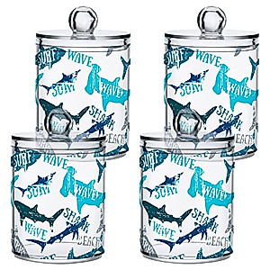 xigua 2 Pack Blue & White Shark Apothecary Jars with Lid, Qtip Holder Storage Jars for Cotton Ball, Cotton Swab, Cotton Round Pads, Clear Plastic Canisters for Bathroom Vanity Organization (10 Oz)