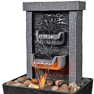 GOSSI Home Décor 10.3 in Indoor Waterfall Fountain Relaxation High Pressure Water Pumps Tabletop Fountain Nature Feeling Water Fountains with Reflective Lighting/River Rocks Home/Office Decoration