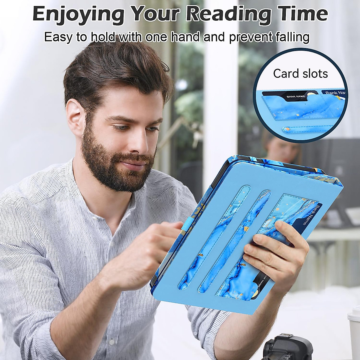 ZoneFoker Case for All New Kindle Fire HD 10 Tablet & Fire HD 10 Plus (11th/13th Generation, 2021/2023 Released), 360 Degree Rotating Stand Cover with Auto Sleep/Wake & Pencil Holder, Marble Blue