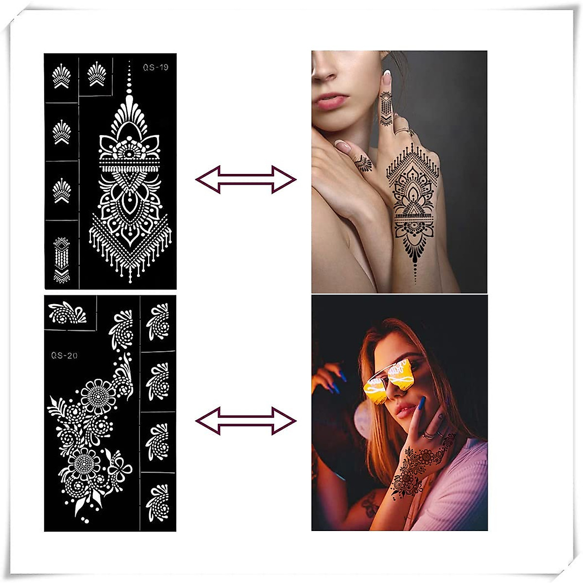 QSTOHENA 9 Sheets Henna Tattoo Stencils kit for Hand Reusable, Mehndi Temporary Tattoo Adhesive Templates Flower stencils for Women Girls Face Body Finger Art Paint