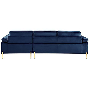 Devion Furniture Modern Velvet Sectional Sofa in Blue/Gold Legs