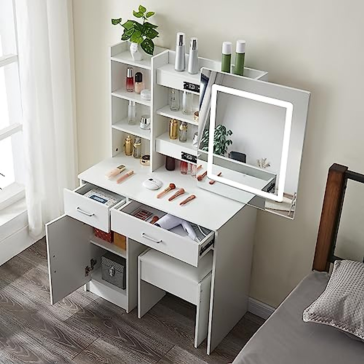 Vanity Set Dressing Table with Lighted Mirror, Modern Storage Makeup Table with 5 Drawers and Stool,White (H3071LED)