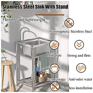 SEYFI Kitchen Sinks U-Tility Sink,Free Standing, Stainless Steel Sink Free Standing Kitchen Sink,Commercial Sink, Freestanding Countertop for Laundry/Single Cold/Single Cold