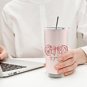 MOTERMATE Christian God is Good Pink Bow Cross 20oz Travel Coffee Mug Tumbler, Christian Easter Tumbler Gifts for Women Kids, Preppy Stuff, Pink Preppy Water Stainless Steel Tumbler with Lid and Straw