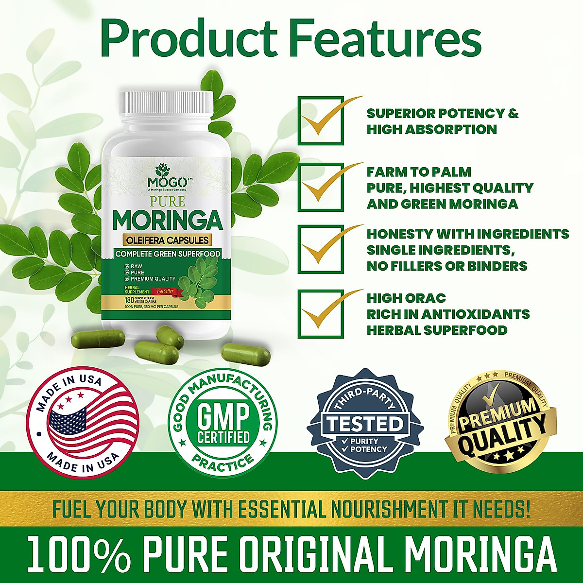 MOGO Organic Moringa Powder Capsules,180 Ct | Moringa Supplement for Energy, Immunity & Joint Health, Our Moringa Capsule Made with Pure Moringa Powder Organic,Vegan and Non GMO.