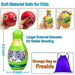 Tsomtto Kids Bowling Set Toddler Toys for 2 3 4 Year Old Boy Girl Birthday Gifts Soft Foam Animal Bowling Pins with Storage Bag Indoor Activities Outdoor Outside Easter Games Age 1-3 2-4 Present