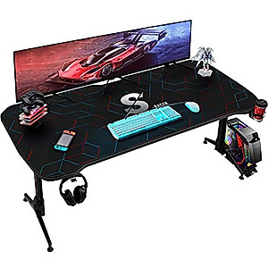 Homall 60 Inch Computer Gamer Desk with Full Desk Mouse Pad, Carbon Fiber Surface PC Table Adjustable Height, Gaming Rack, Headphone Hook and Cup Holder(Black)