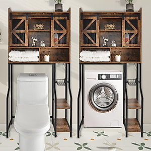 YANASO Over The Toilet Storage Cabinet, Storage Cabinet Over Toilet with 2 Barn Door and Toilet Paper Holder Stand,RGB Light Strip,Home Space-Saving Toilet Rack, for Bathroom, Restroom, Laundry