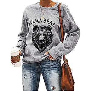YMYDYFC Mama Bear Sweatshirt Women Cute Leopard Funny Letter Print Mom Blouse Tops Casual Long Sleeve Pullover Top