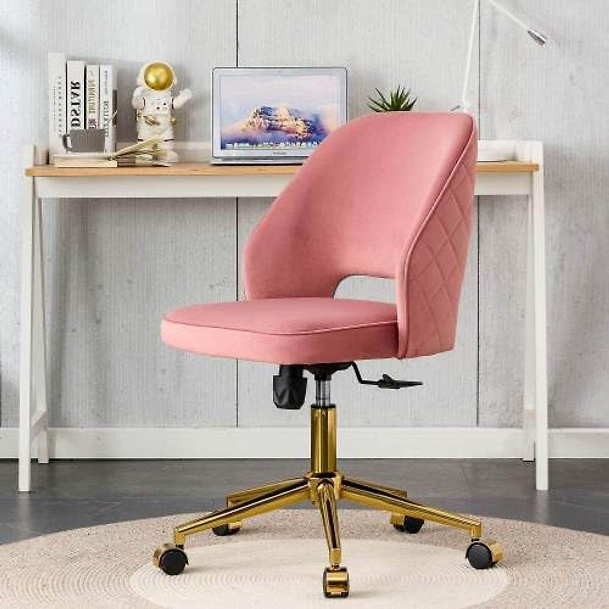 Wekity Modern Home Velvet Office Chairs, Adjustable 360 °Swivel Chair Engineering Plastic Armless Swivel Computer Chair with Wheels for Living Room, Bed Room Office Hotel Dining Room (Pink)