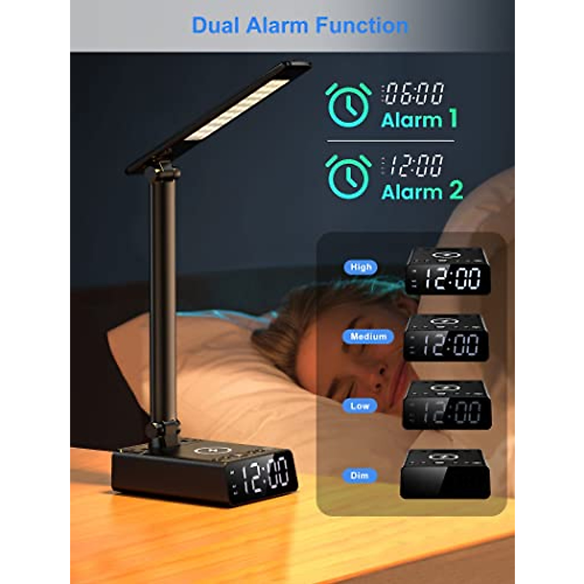 LED Desk Lamp with 15W Wireless Charger, 2 USB Charging Ports, 2 Outlets, 3 Brightness Levels, Alarm Clock, Dimmable Eye Caring Reading Desk Light for Home Office dorm, Touch Control Table Lamp, Black