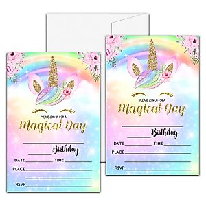 Unicorn Birthday Party Invitation, Magical Unicorn Themed Fill-In Invites for Friends, 20 Invitations With Envelopes (4" X 6"), Rainbow Party Favors Decorations and Supplies -29