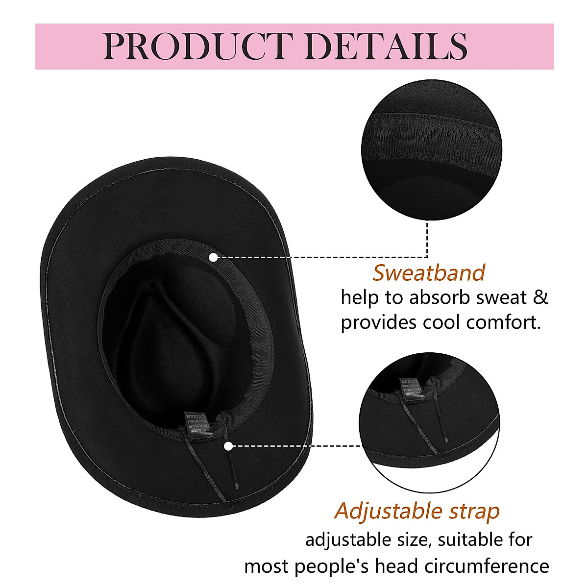 Classic Western Cowboy Hat for Women and Men Roll Up Wide Brim Felt Fedora Hats Cowgirl Hat with Belt Buckle Black