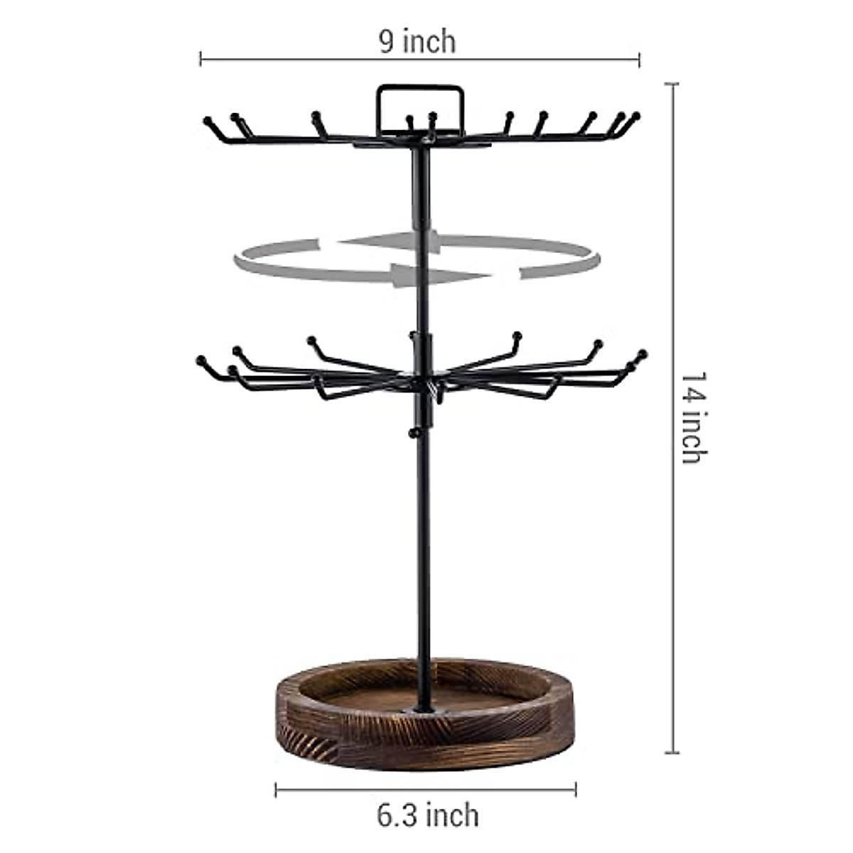MyGift 2 Tier Black Metal Rotating Necklace and Bracelet Organizer Jewelry Stand with 24 Hooks and Burnt Wood Ring Tray, Accessory and Keychain Spinning Display Rack with Top Handle Card Holder