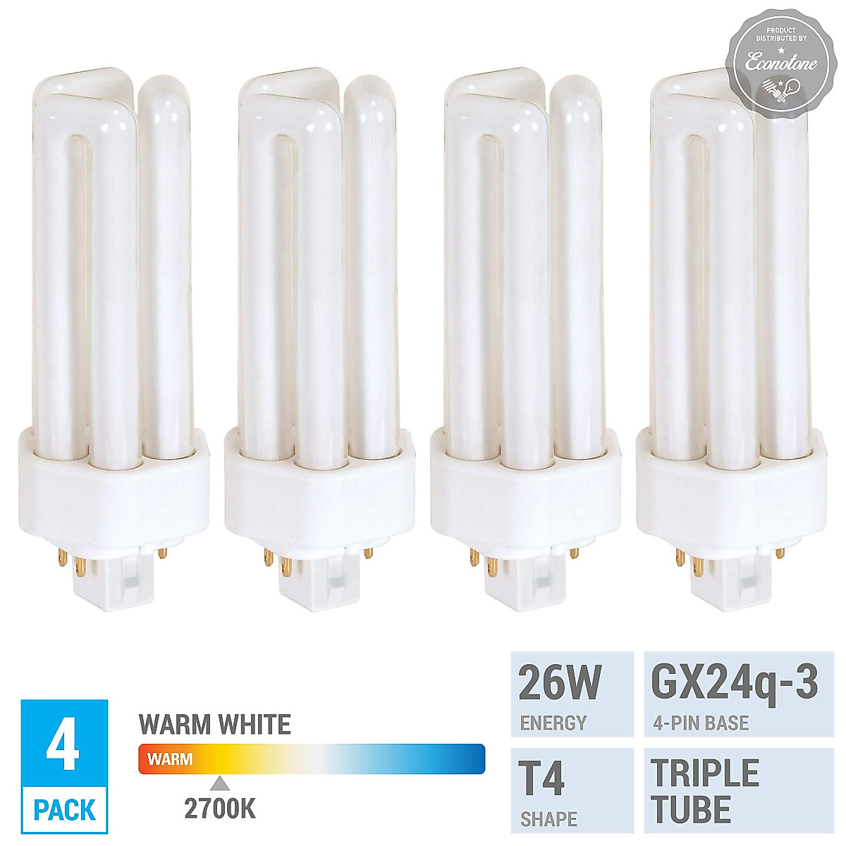 KOR Pack of 4 26 Watt Triple Tube - GX24Q-3 (4 Pin) Base - 2700K Warm White - CFL Light Bulb - Replaces Sylvania 20879 CF26DT/E/IN/827 - Philips 458240 PL-T 26W/827/4P/ALTO - GE 97614 F26TBX/827/A/ECO