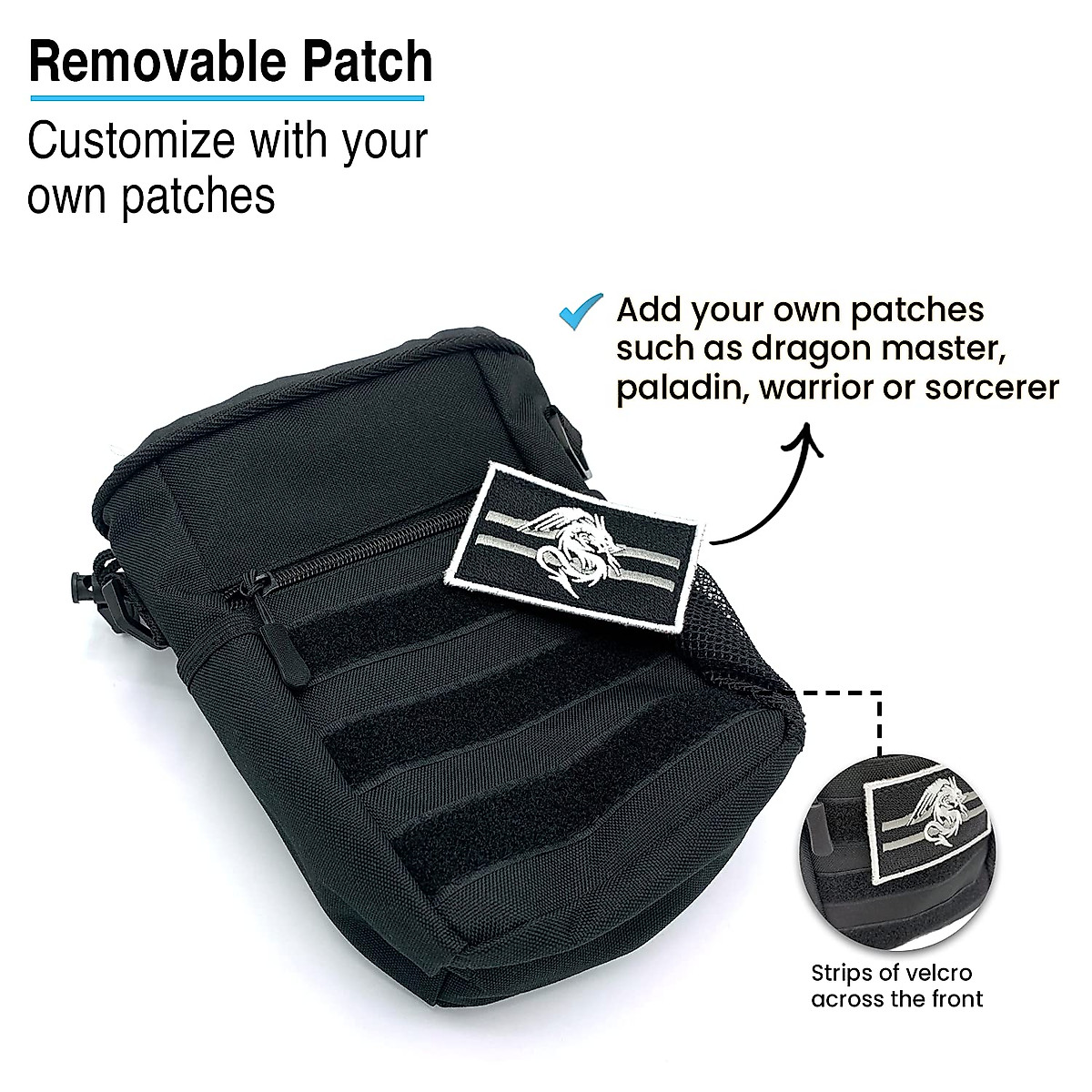 Luck Lab DND Drawstring Dice Bag with Removable Dragon Patch - Multiple Pockets and Large Dice Storage Area (200 + dice) for Dungeons and Dragons (d&d),RPG, MTG and All Table Top Gaming- Black