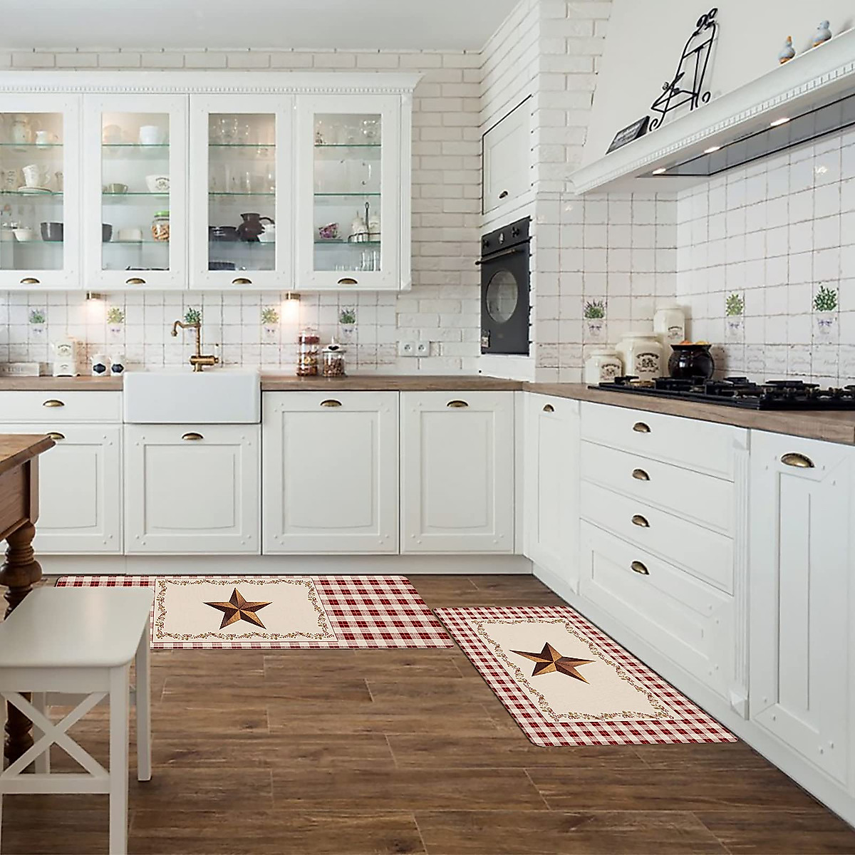 Libaoge Kitchen Mat Rug Set of 2 Rustic Barn Texas Western Star Red Buffalo Plaid Runner Rug Anti-Fatigue Comfort Memory Foam Standing Mat Non-Slip Floor Door Mat for Bathroom Bedroom 20x32in+20x47in