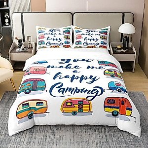 Erosebridal Camper 100% Cotton Duvet Cover King,Kids Girls Boys Happy Camping Bedding Set,Cartoon Car Comforter Cover,Colorful Rustic Farmhouse Quilt Cover with 2 Pillowcases Bedroom Decor