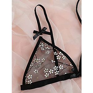 SOLY HUX Women's Sexy Sheer Mesh Lingerie Set See Through Lace Bra and Panty Set Valentines Day Lingerie 2 Piece Solid Black Medium