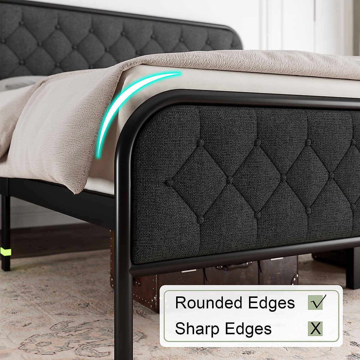 Feonase King Size Bed Frame with Linen Upholstered Headboard, Heavy Duty Metal Platform Bed with 12" Under-Bed Storage Space, No Box Spring Required, Easy to Assemble, Gray