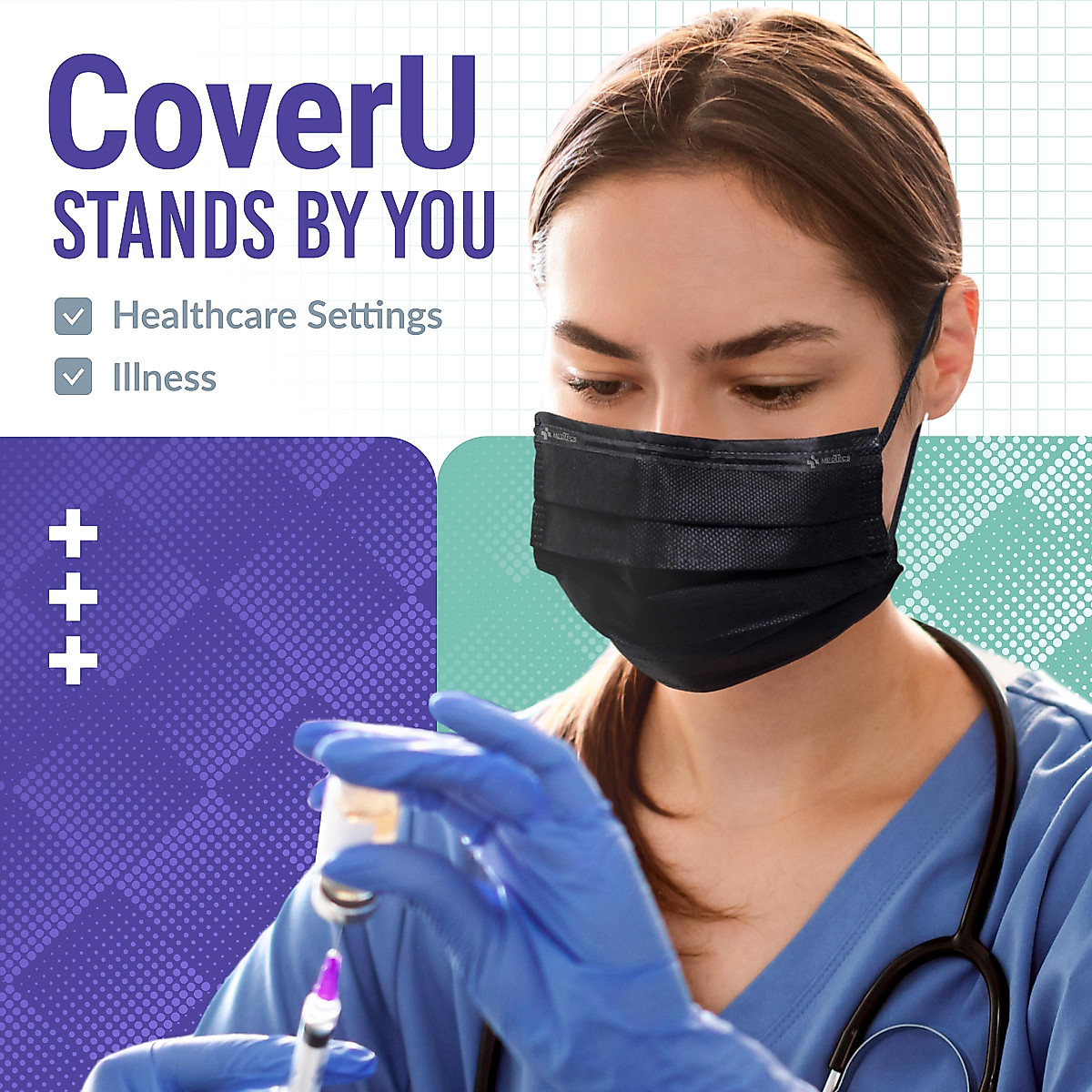 Medtecs Face Mask Disposable - 50/2000 PCS - Comfortable 3 Layer Breathable Mask, the Better Protection and Health Choice - CoverU Adult Mask - 50 PCS/Box - Black