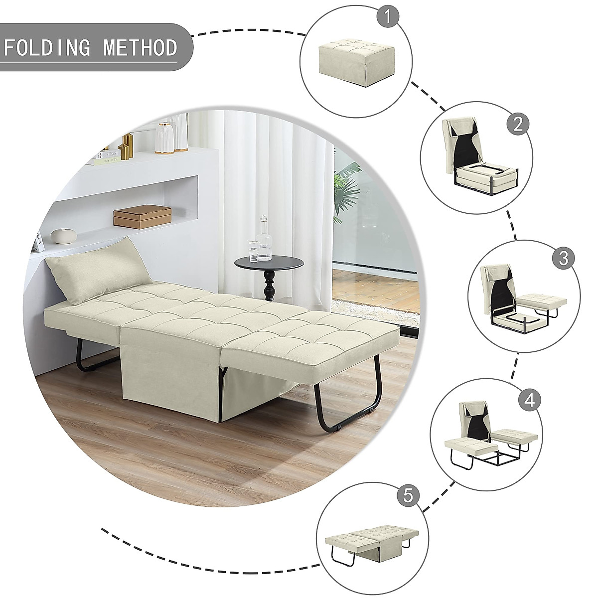 Sofa Bed, 4 in 1 Multi-Function Folding Ottoman Breathable Linen Couch Bed with Adjustable Backrest Modern Convertible Chair for Living Room Apartment Office, White
