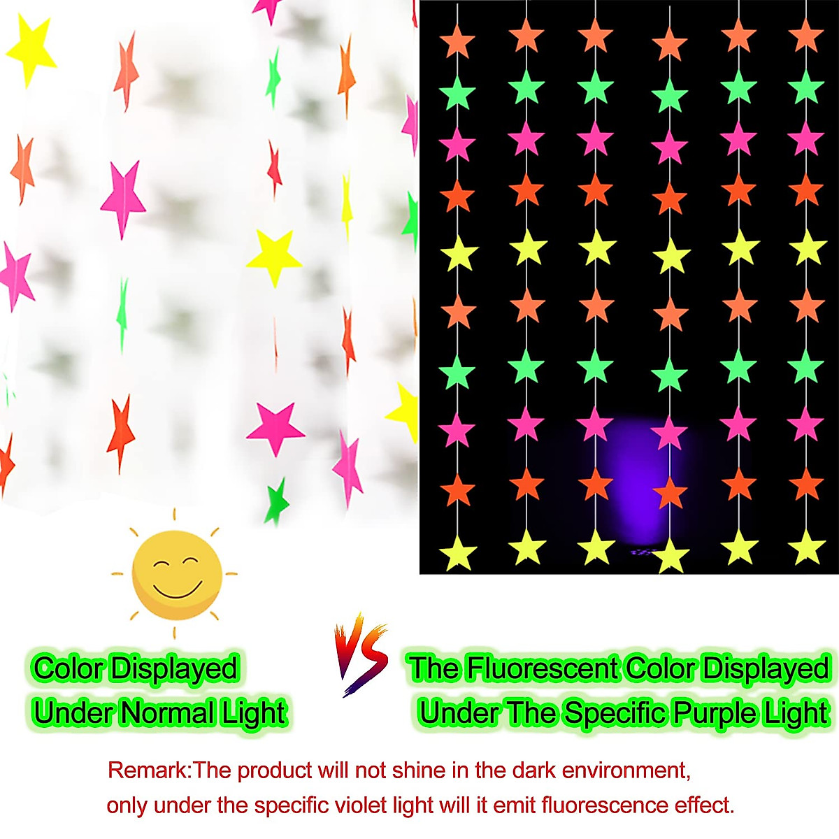 106feet Glow in The Dark Neon Star Paper Garland Under Blacklight for Birthday Party Supplies and Decorations Hanging Fluorescent Green Pink Streamers for Party Favors Wedding Accessories