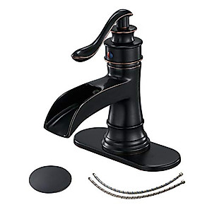 BWE Bathroom Sink Faucet Oil Rubbed Bronze Waterfall with Pop Up Drain Stopper Assembly Water Supply Hose Rustic Lead-Free Lavatory Vanity Bath Black Farmhouse Faucet Single Handle Mixer Single Hole