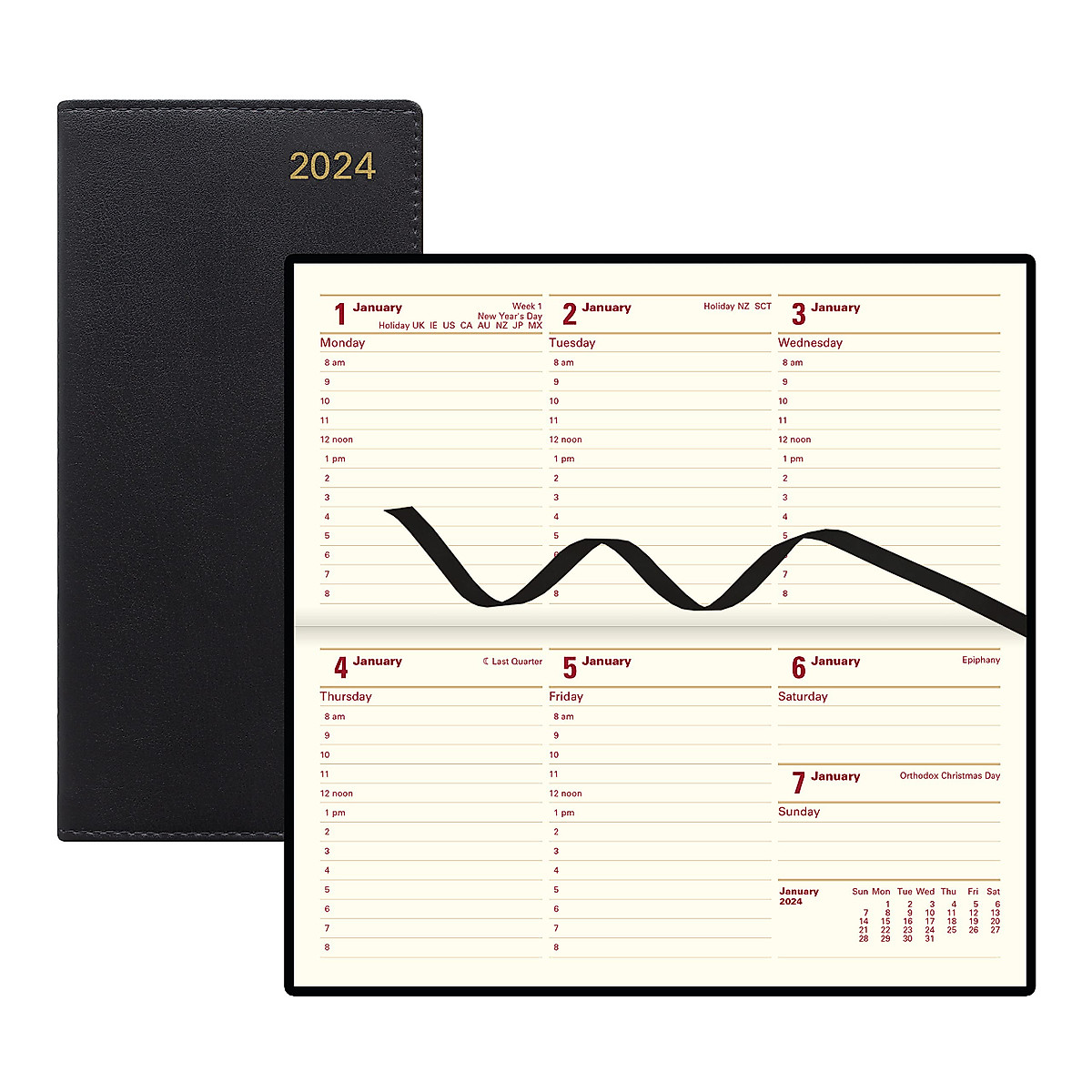 Letts of London Belgravia Weekly/Monthly Planner, 12 Months, January to December, 2024, Appointments, Horizontal, Slim Size, 6.625" x 3.25", Black (C33SBK-24)