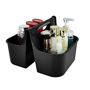 J&V TEXTILES Portable Shower Caddy, Bathroom Organizer Basket, Perfect Size for Dorm/College, Plastic Bath Tote, Dries Quickly with Drainage Holes, Soft Grip Carrying Handle (Black, Medium)