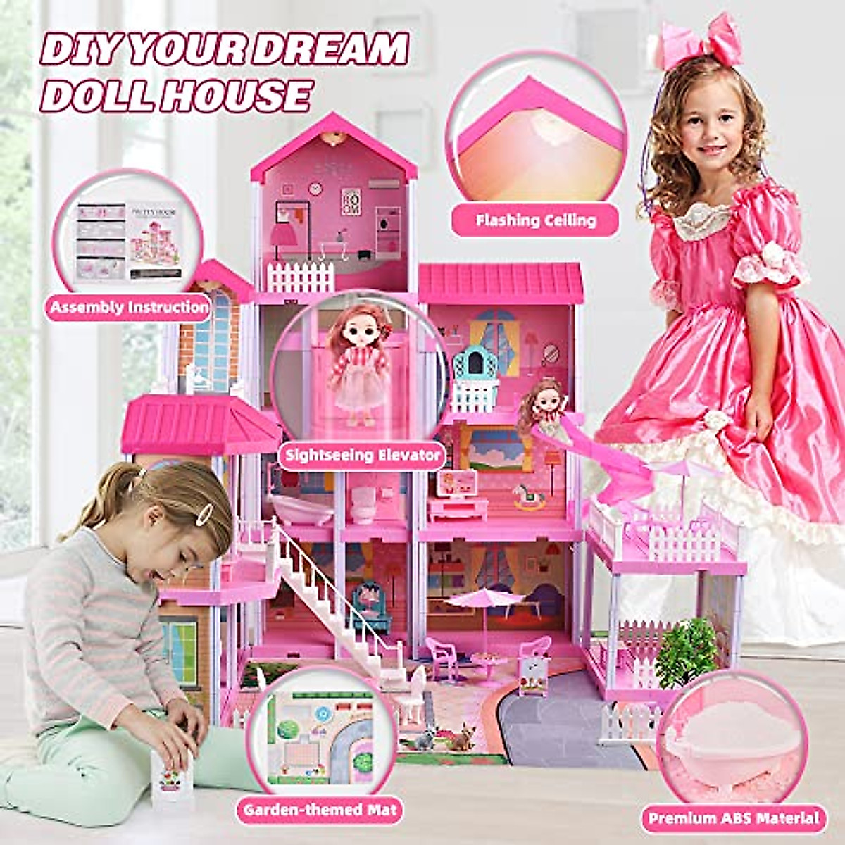 Doll House for 3 Year Old Girls,4-Story 13 Rooms Doll House,Fully Furnished Dollhouses w/Lights,Play Mat and Upgraded Doll,Play House Accessories,Elevator and Slide,Gift Toy for Kids 4 5 6 7 8 to 12+