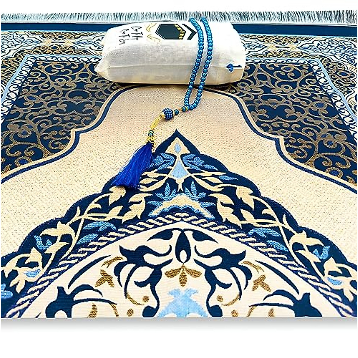 ESERRA Muslim Prayer Rug, 99 Prayer Beads and Prayer Cap Included, Prayer Mats Muslim for Praying Men, Women, and Kids, Prayer Set, Prayer Rugs Islam (Blue)