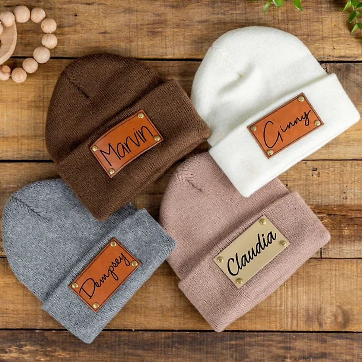 Personalized Beanie Hats, Custom Leather Patch Knitted Beanies Infant Toddler Kids Youth Child Baby Newborn Adult Beanie